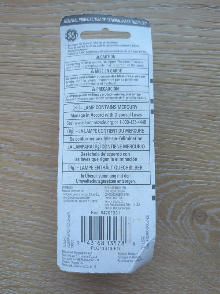 GE 13 Watt 13578 Soft White BIAX CFL Bulb PLG41B13PG 10000 hour -NEW | eBay