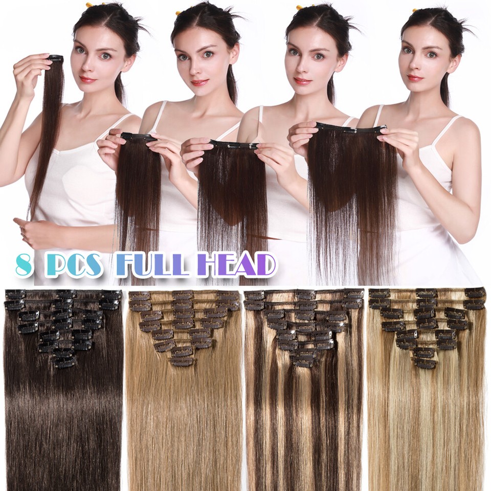 Clip in Remy Real Human Hair Extensions Full Head Long Weft Straight ...