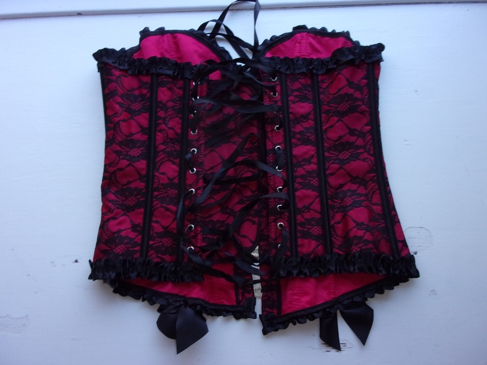 LADIES SEXY NEW Red & Black Shaper Basque Corset & G-String Size S RRP ...