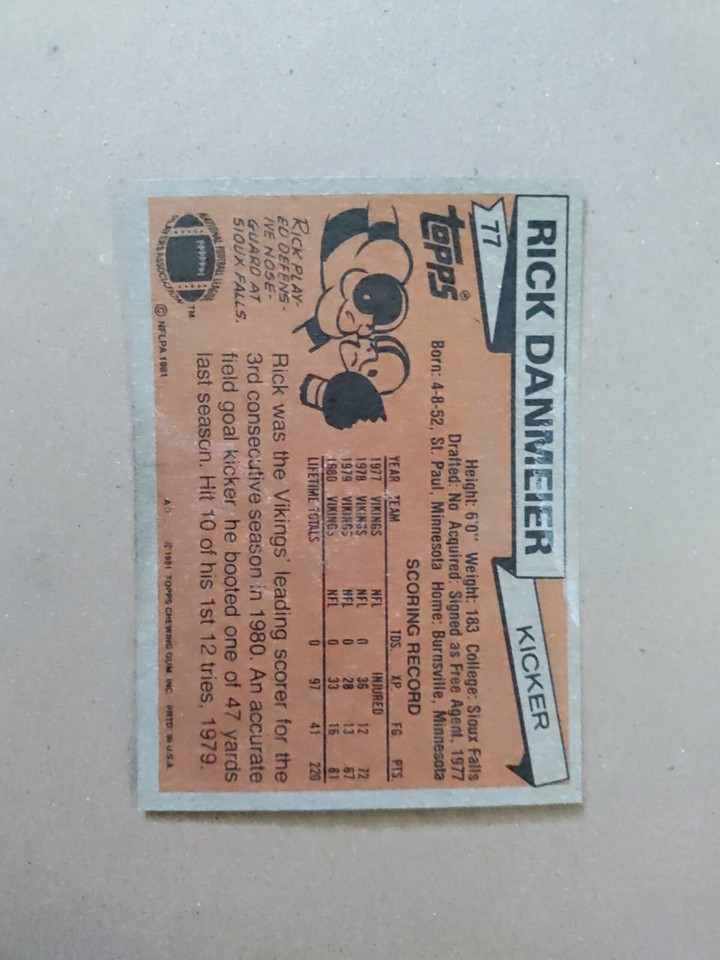 1981 Topps Football #77 Rick Danmeier Minnesota Vikings ex read | eBay