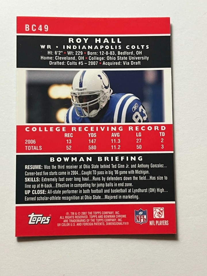 2007 BOWMAN CHROME FOOTBALL No.BC49 ROY HALL ROOKIE A546 | eBay