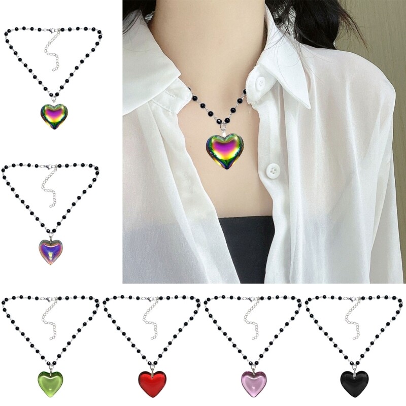 Hyperbole Glass Love Heart Pendant Necklace Punk Rock Black Beads Chain ...