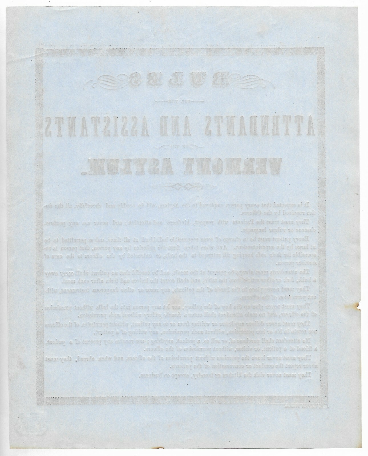 Antique VERMONT INSANE ASYLUM Rules for Attendants ORIGINAL BROADSIDE ...