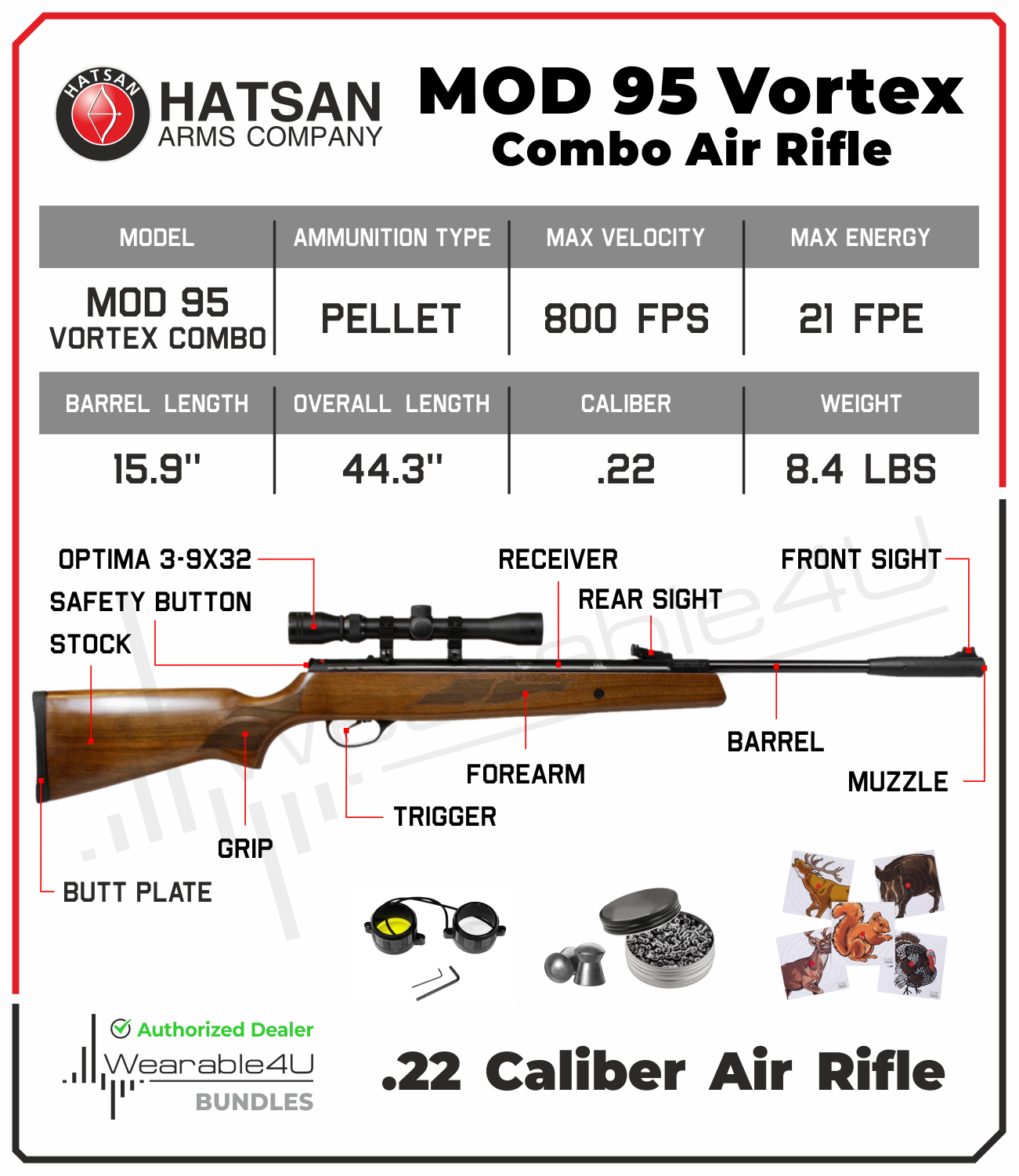 Hatsan Mod 95 Vortex Combo .22 Cal Break Barrel Air Rifle w/ Pellets ...