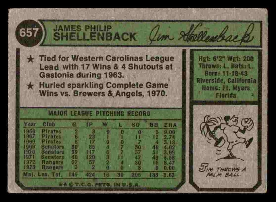 1974 Topps Jim Shellenback #657 - Texas Rangers | eBay
