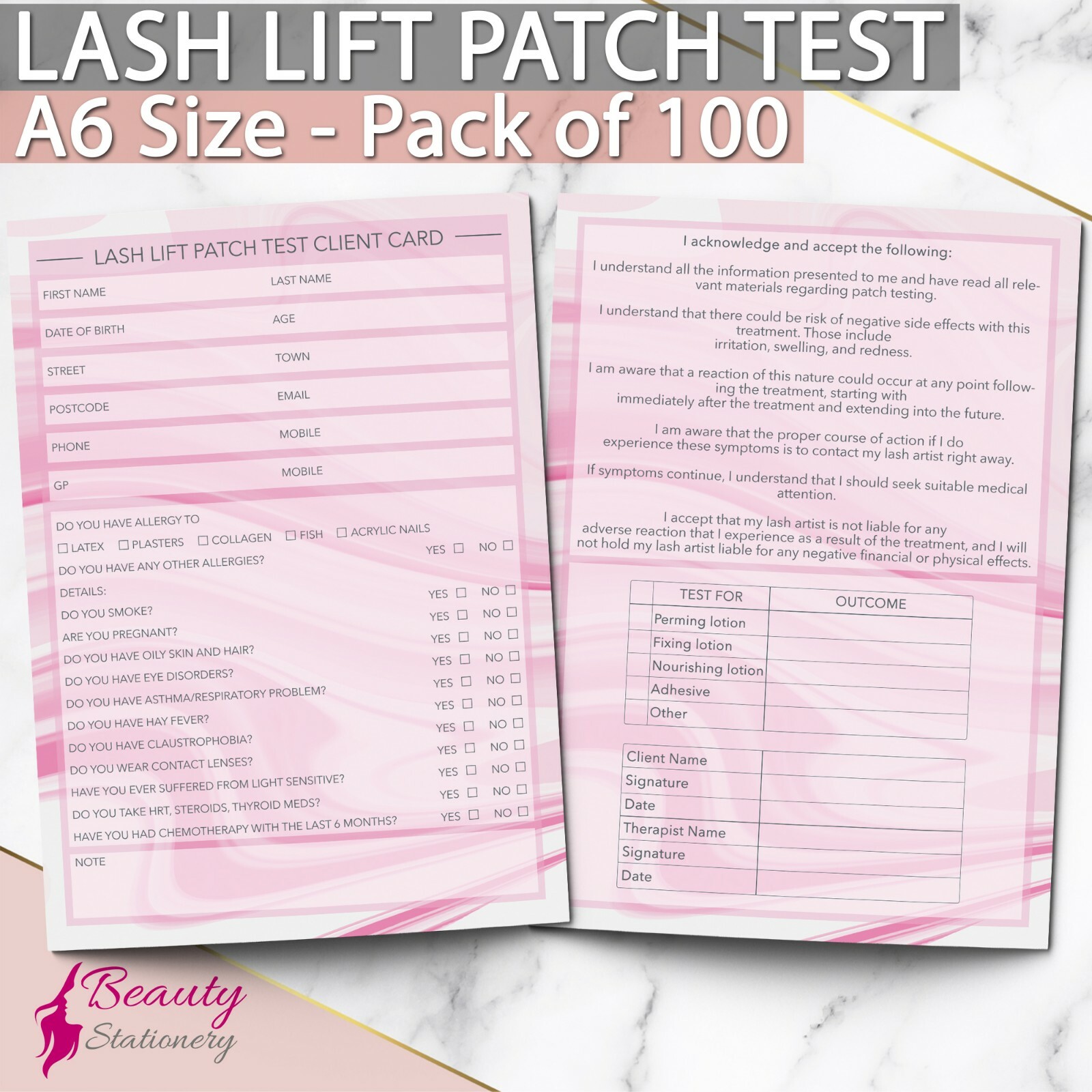 Lash Lift Patch Test Client Record Card Consultation Form PREMIUM Salon ...