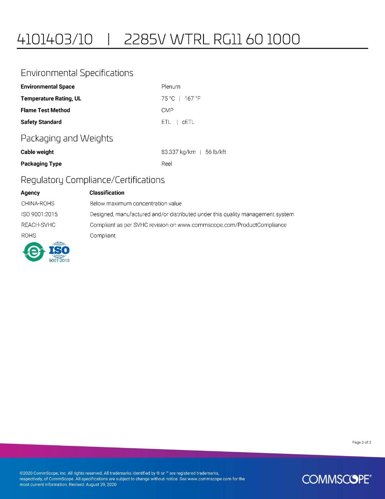 Commscope 2285V RG-11 14awg Shielded Plenum 75Ohm Coaxial Antenna Cable ...