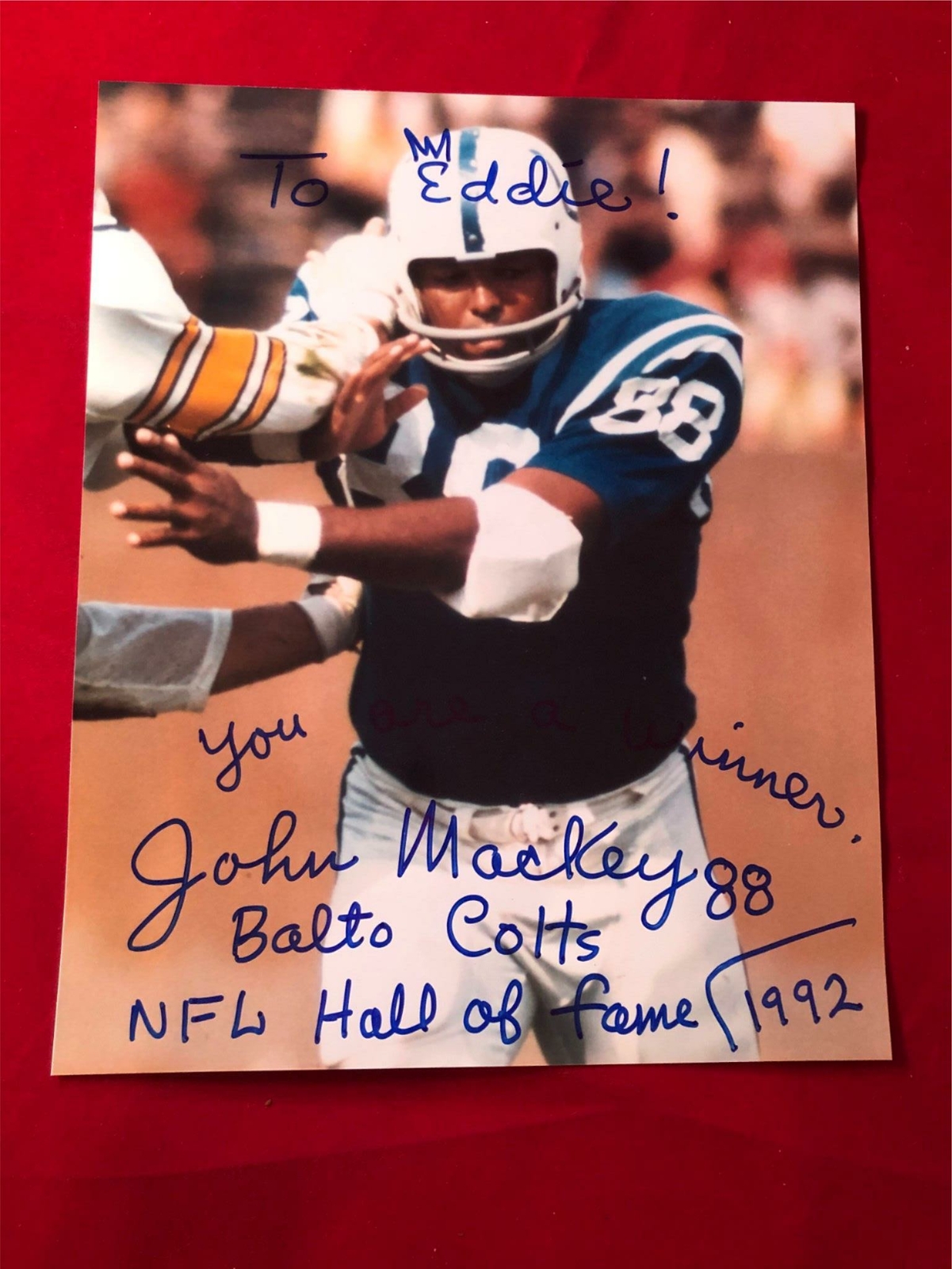 Baltimore Colts NFL HOF John Mackey #88 Signed Photograph "To Eddie ...