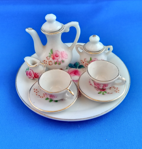 Beautiful 10 piece dollhouse tea set pink roses on white porcelain | eBay