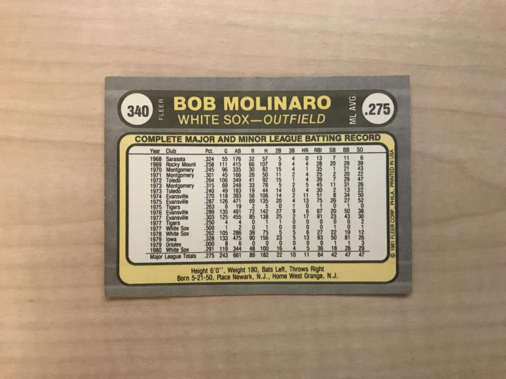 BOB MOLINARO CHICAGO WHITE SOX SIGNED AUTOGRAPHED 1981 FLEER CARD #340 ...