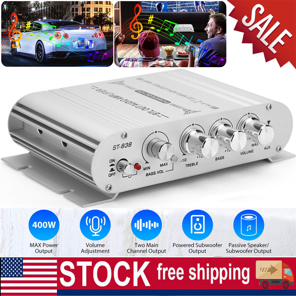 400W 12V 2.1Channel Powerful Stereo Audio Power Amplifier HiFi Bass Amp ...