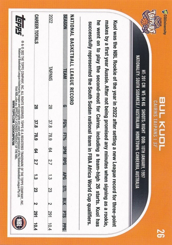 #26 BUL KUOL 2022-23 Topps NBL National Basketball League RC CAIRNS ...