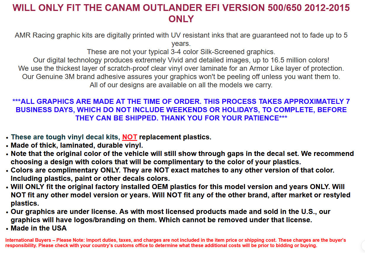 Graphic Decal Stickers For CanAm Outlander EFI 500/650 12-15 WDOW K R ...