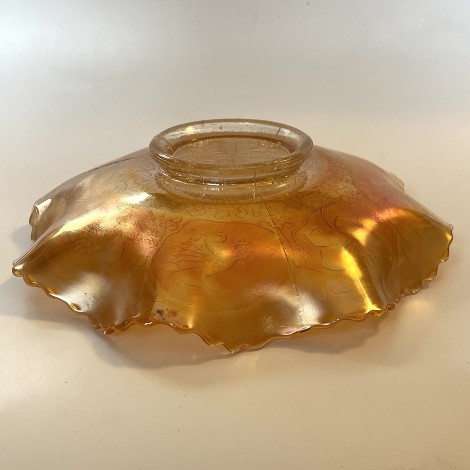 Antique Fenton Dragon & Lotus Bowl Ruffled Carnival Glass Iridescent ...