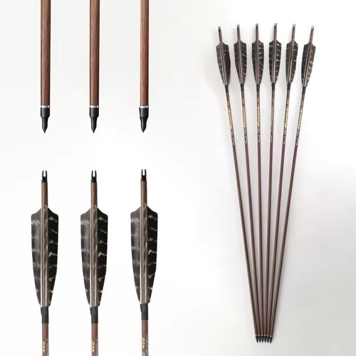 12cps 5”Turkey Feather 32“Wood Skin Carbon Arrow Shaft Spine400 500 600 ...