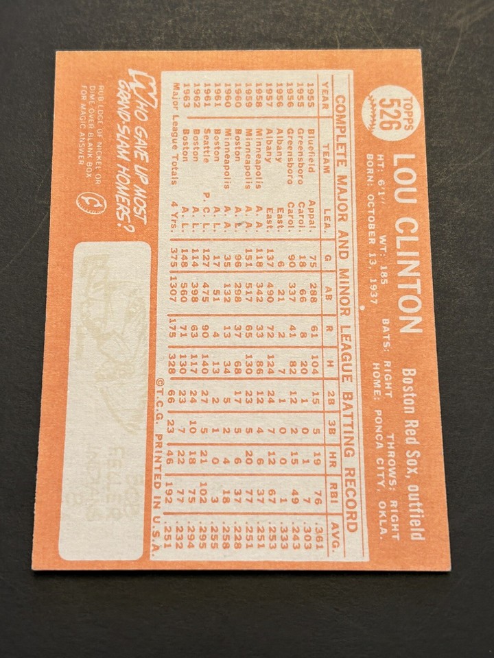 1964 Topps Baseball #526 Lou Clinton EX /EX+ Boston Red Sox $15 High ...