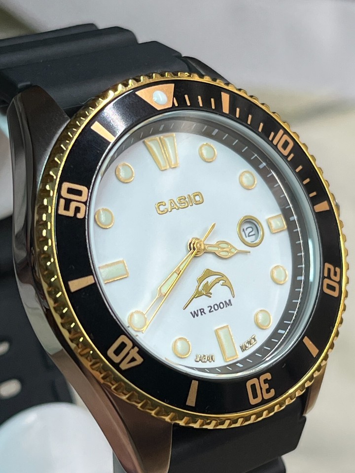 Watch Casio Duro MDV-106- GOLD MOD White Dial C3 Lume Markers 200 Meter ...