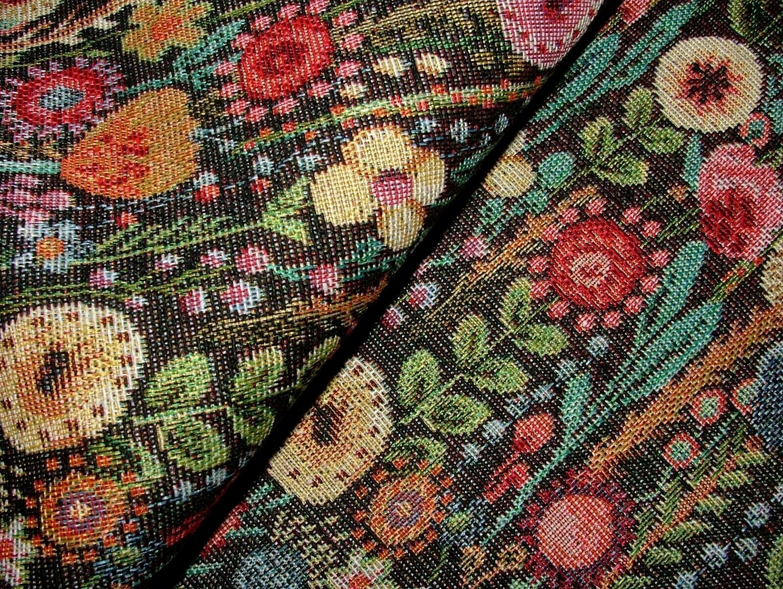 Cottage Garden Floral Black Tapestry Fabric Curtain Upholstery Cushion ...