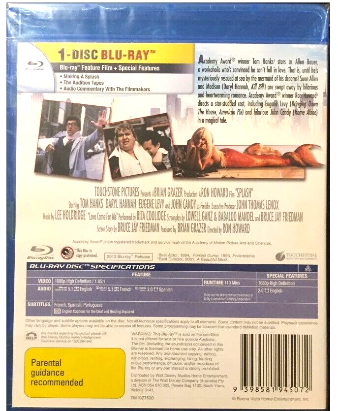 SPLASH BLURAY - BRAND NEW SEALED - TOM HANKS DARYL HANNAH VERY RARE OOP ...