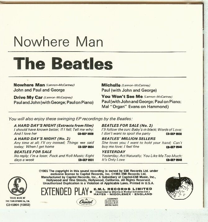 THE BEATLES - NOWHERE MAN - CD - 4 TRACKS - MONO - NEW - FREE SHIPPING ...