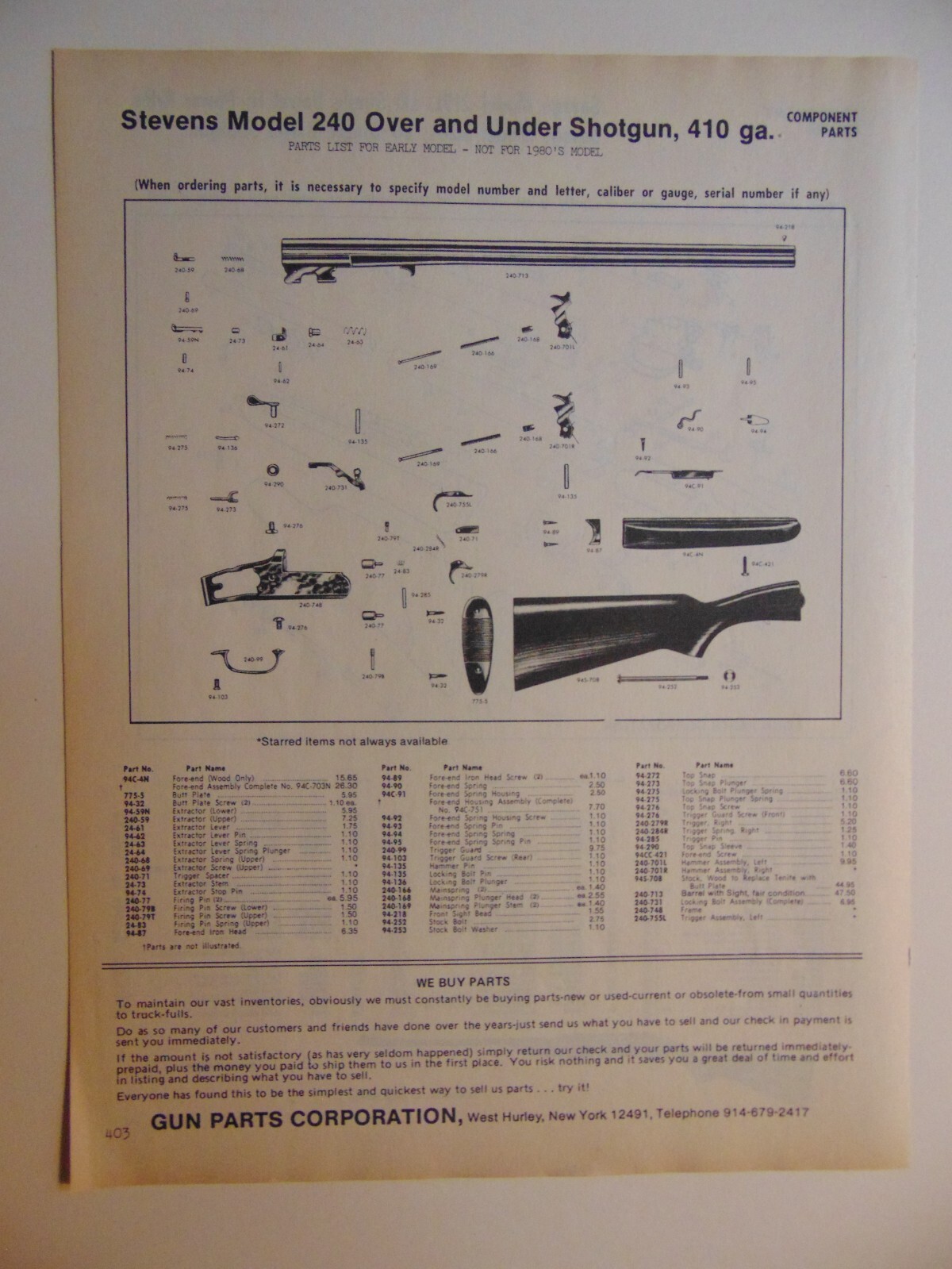 STEVENS MDL 240 Over/Under Shotgun Part assembly Diagram 1990's catalog ...