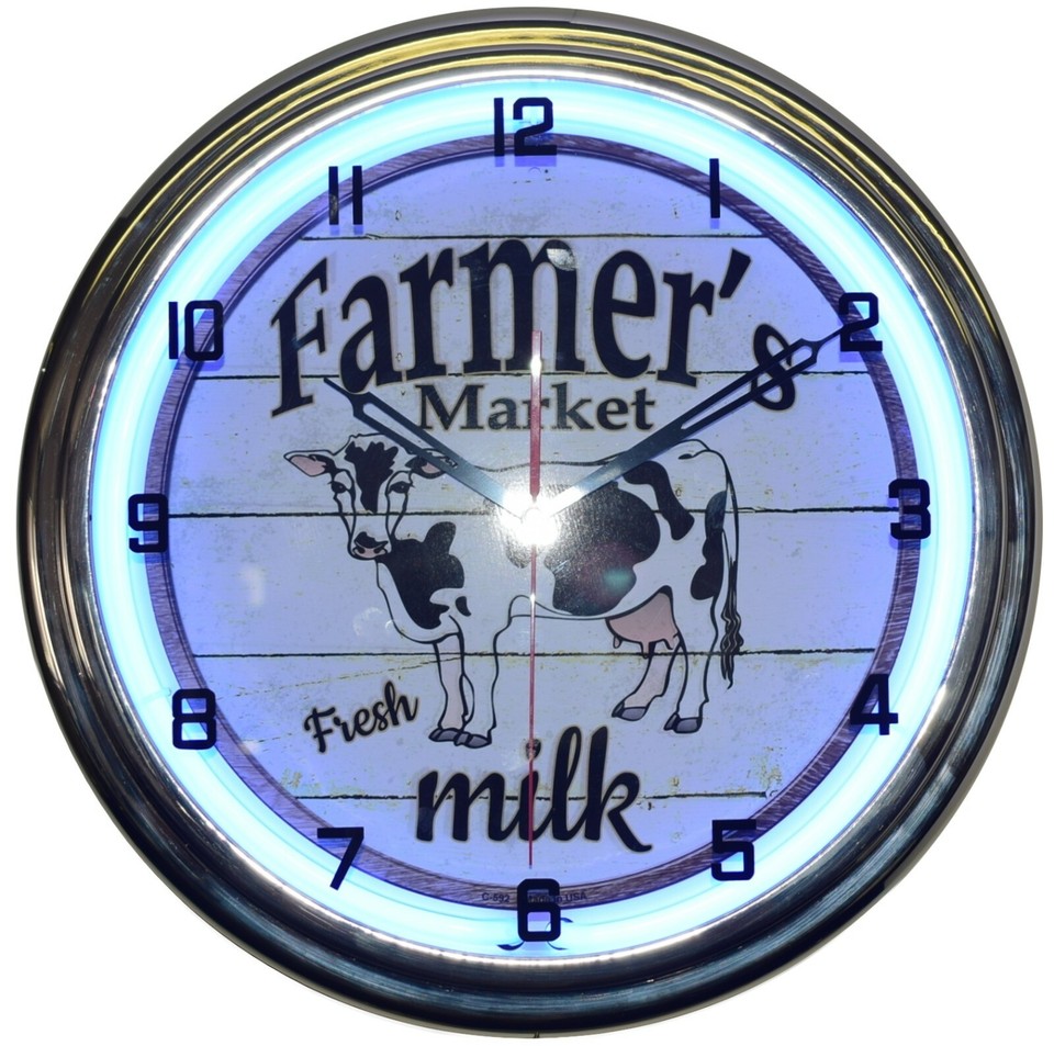 16" Farmer's Market Fresh Milk Neon Clock Home Kitchen Diner Decor ...