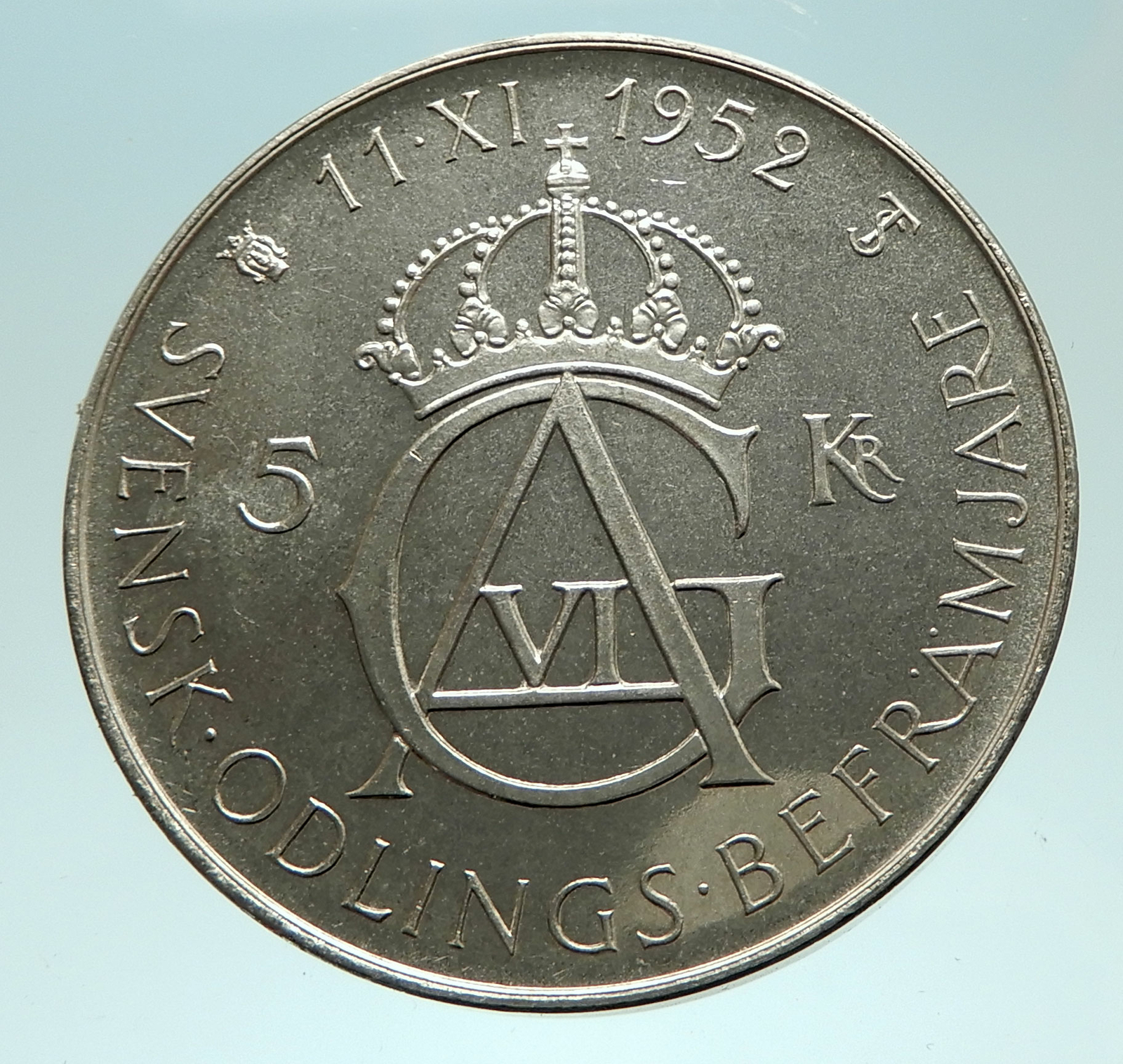 1952 SWEDEN King GUSTAV VI ADOLF 70th Birthday Silver 5Kr SWEDISH Coin ...