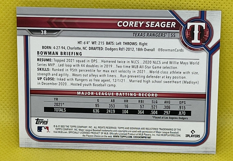 Corey Seager 2022 Bowman #38 Texas Rangers | eBay