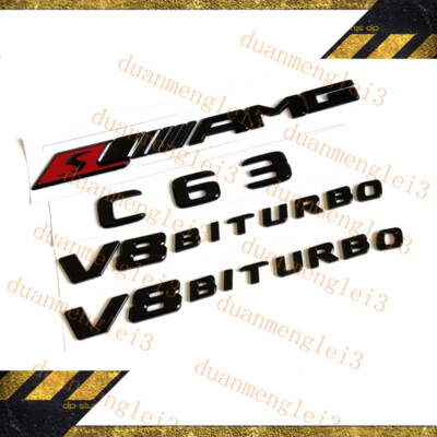 C63 + SAMG + V8BITUOBO Badge Gloss Black Red Rear Trunk Emblem C-Class ...