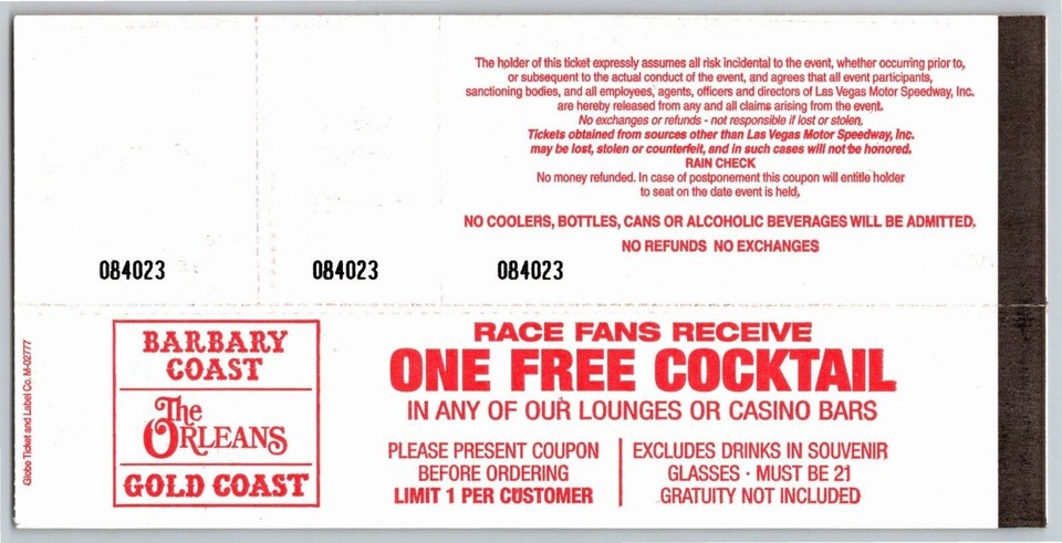 1998 Las Vegas Motor Speedway 500K IRL Indy Racing League Unused Ticket ...