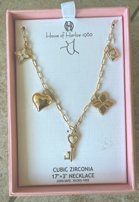 House of Harlow 1960 Gold Charm Necklace LV CLOVER HEART KEY CUBIC ...