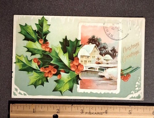 Early 1900's Christmas Greetings Holly Bridge New Field NY Embossed ...