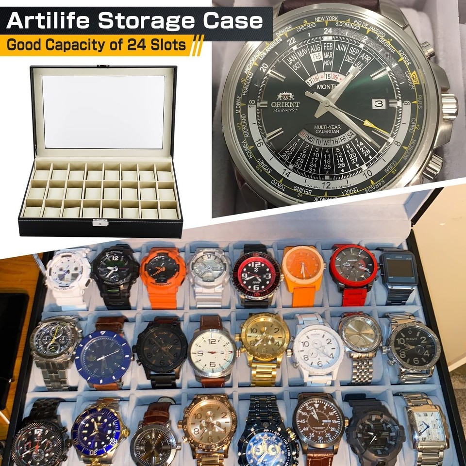 24 Slots Watch Box PU Leather Watch Case Organizer Watch Display Case ...