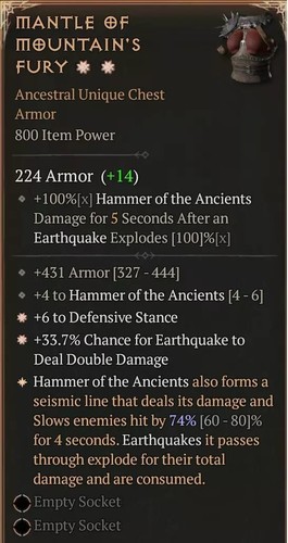 Diablo 4 Season 8 Mantle Of Mount Fury 2GA Unique Chest Barbarian Item ...