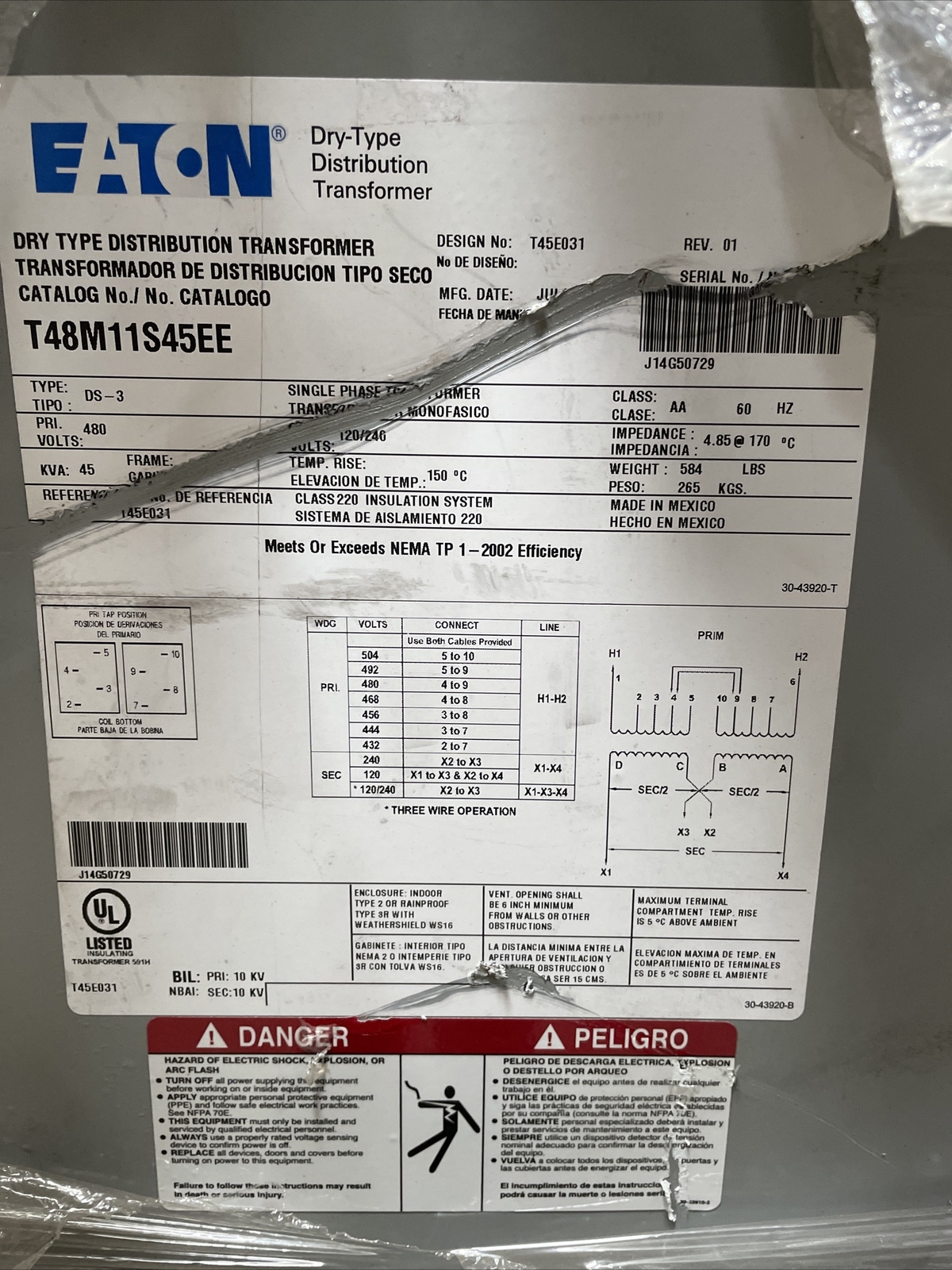 (C) EATON T48M11S45EE 480V 45KVA 120/240 Dry Type Transformer DS-3 ...