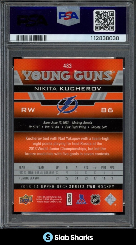 2013 UPPER DECK #483 NIKITA KUCHEROV YOUNG GUNS RC ROOKIE GEM MINT PSA ...