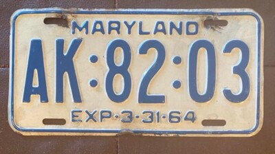 Maryland 1964 License Plate # AK:82:03 | eBay