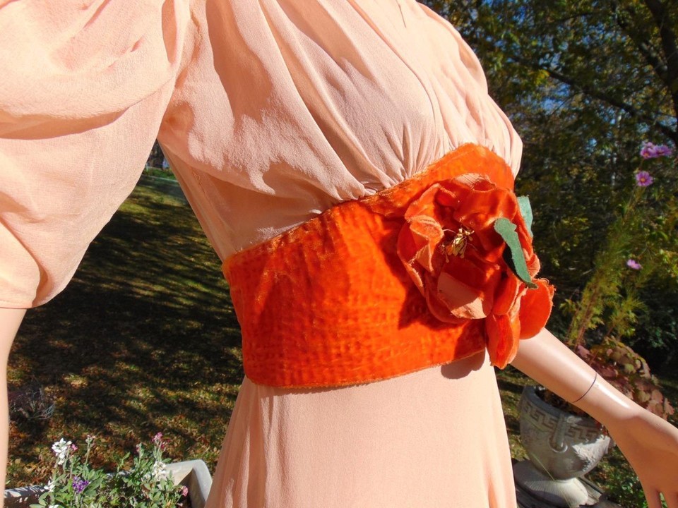 VTG 30s Peach Bias Cut Shear Dress Puff Sleeves Velvet Belt 26W | eBay