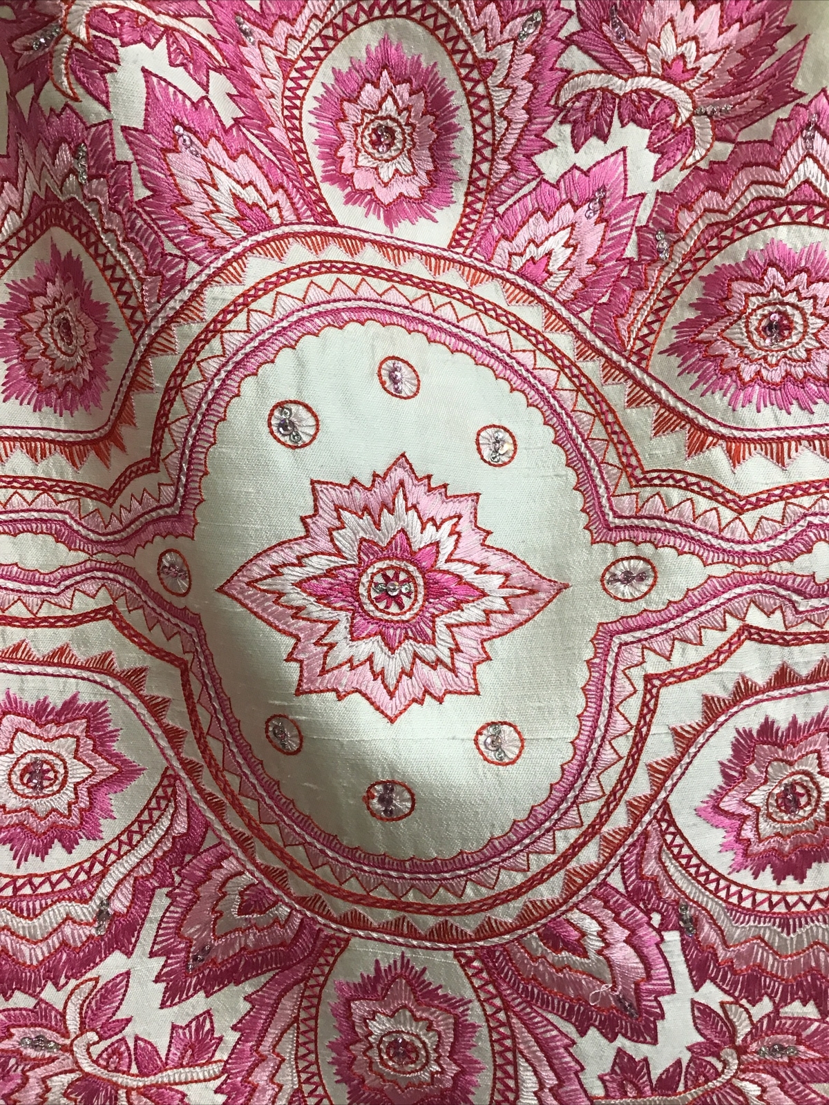 Randolph Duke Skirt Suit Champagne Silk Pink embroider Print Jewel ...