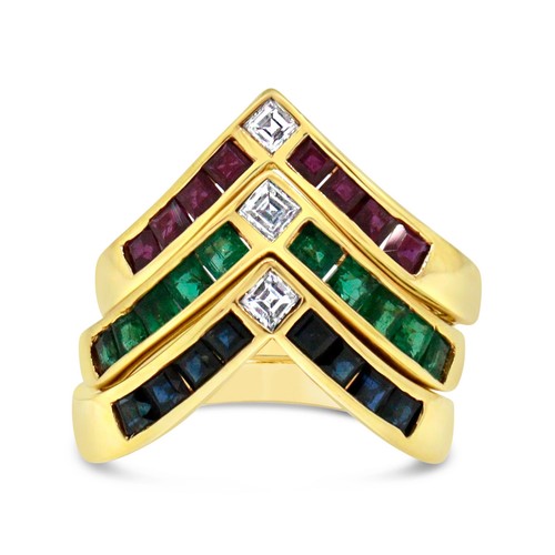 Chevron Diamond and Multi-Precious Gems Stackable Rings - Set of 3 | eBay