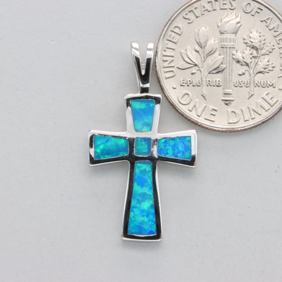 Blue FIRE OPAL Cross Pendant - 925 STERLING SILVER Rhodium - Necklace ...