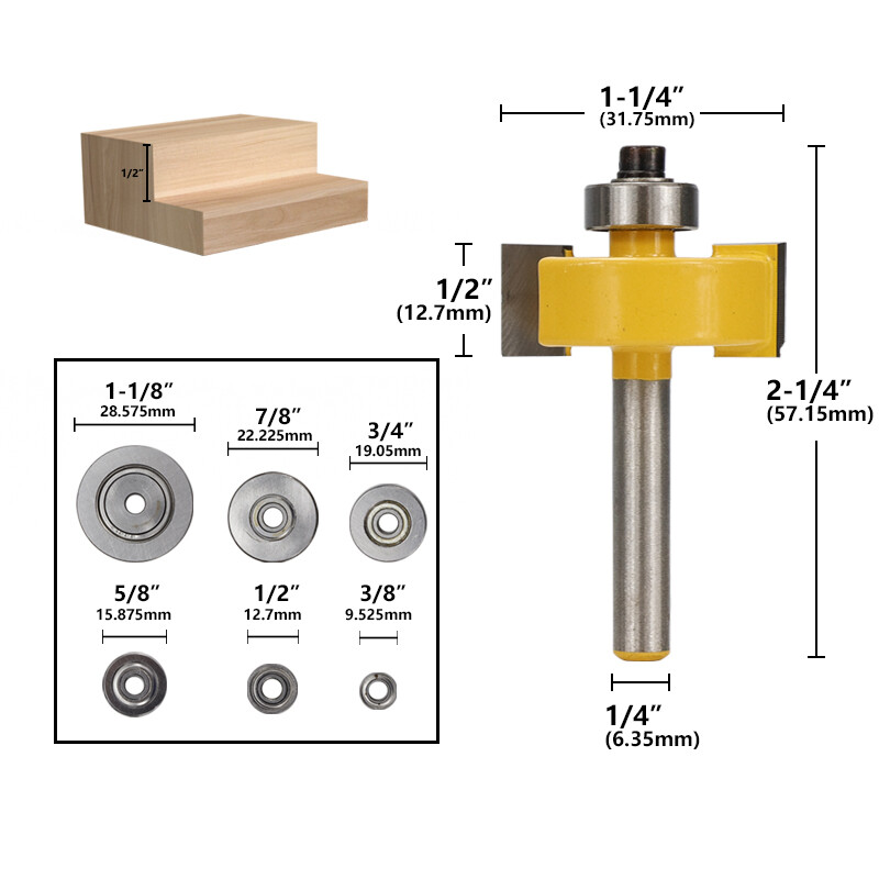 Rabbeting Router Bit 6 Bearings Router Bit Set 1/4 Shank 1/8"-1/2 ...
