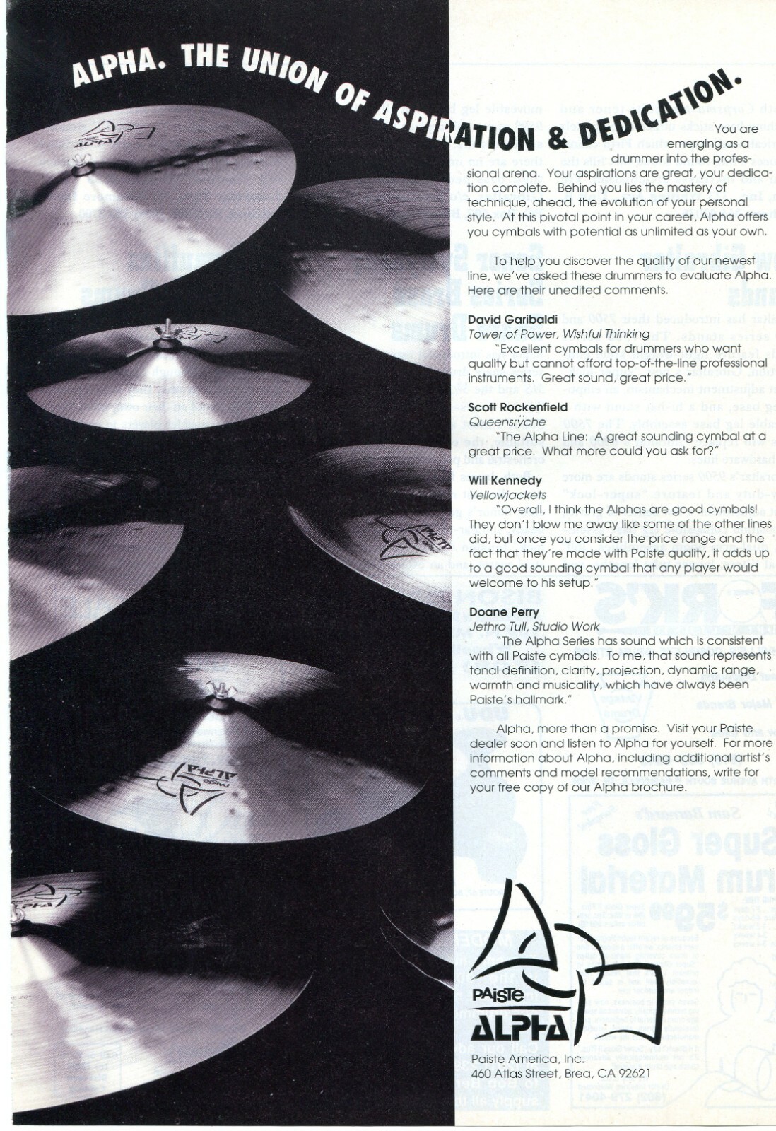 1992 Print Ad Paiste Alpha Drum Cymbals quotes fromDavid Garibaldi ...