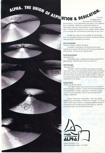 1992 Print Ad Paiste Alpha Drum Cymbals quotes fromDavid Garibaldi ...