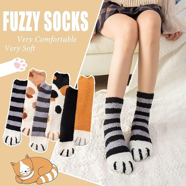 6 PAIRS WOMEN'S FUZZY WINTER FLUFFY COZY WARM CUTE CAT PATTERN PAW ...