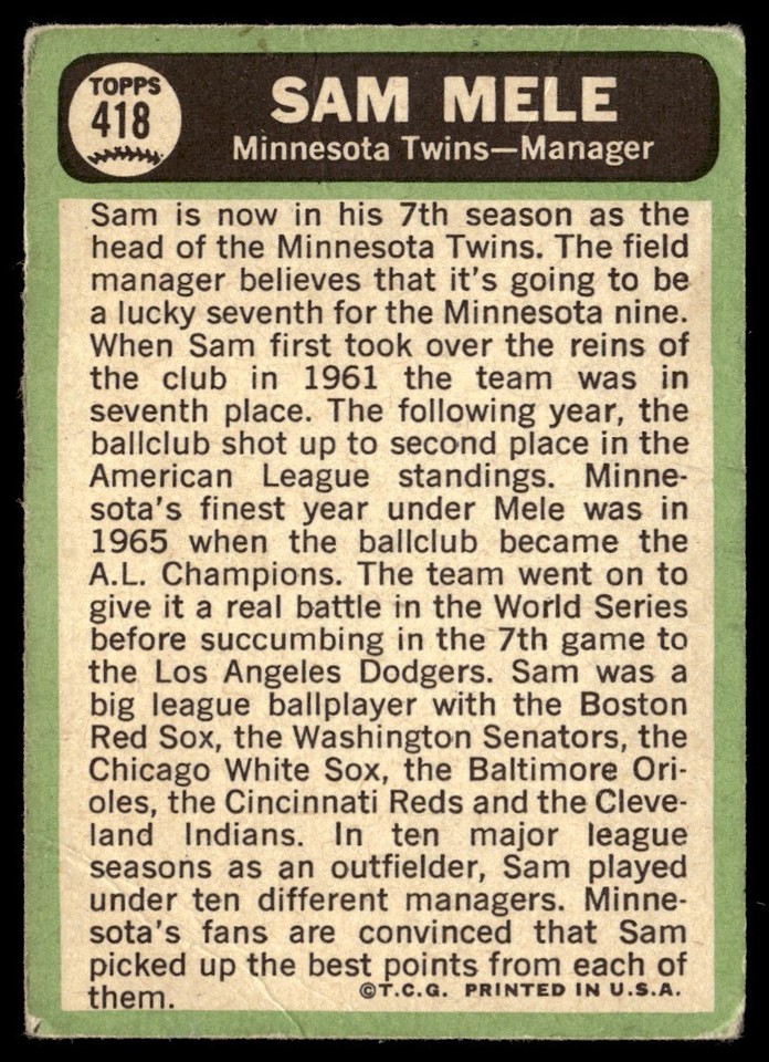 1967 Topps Sam Mele -- Minnesota Twins #418 | eBay