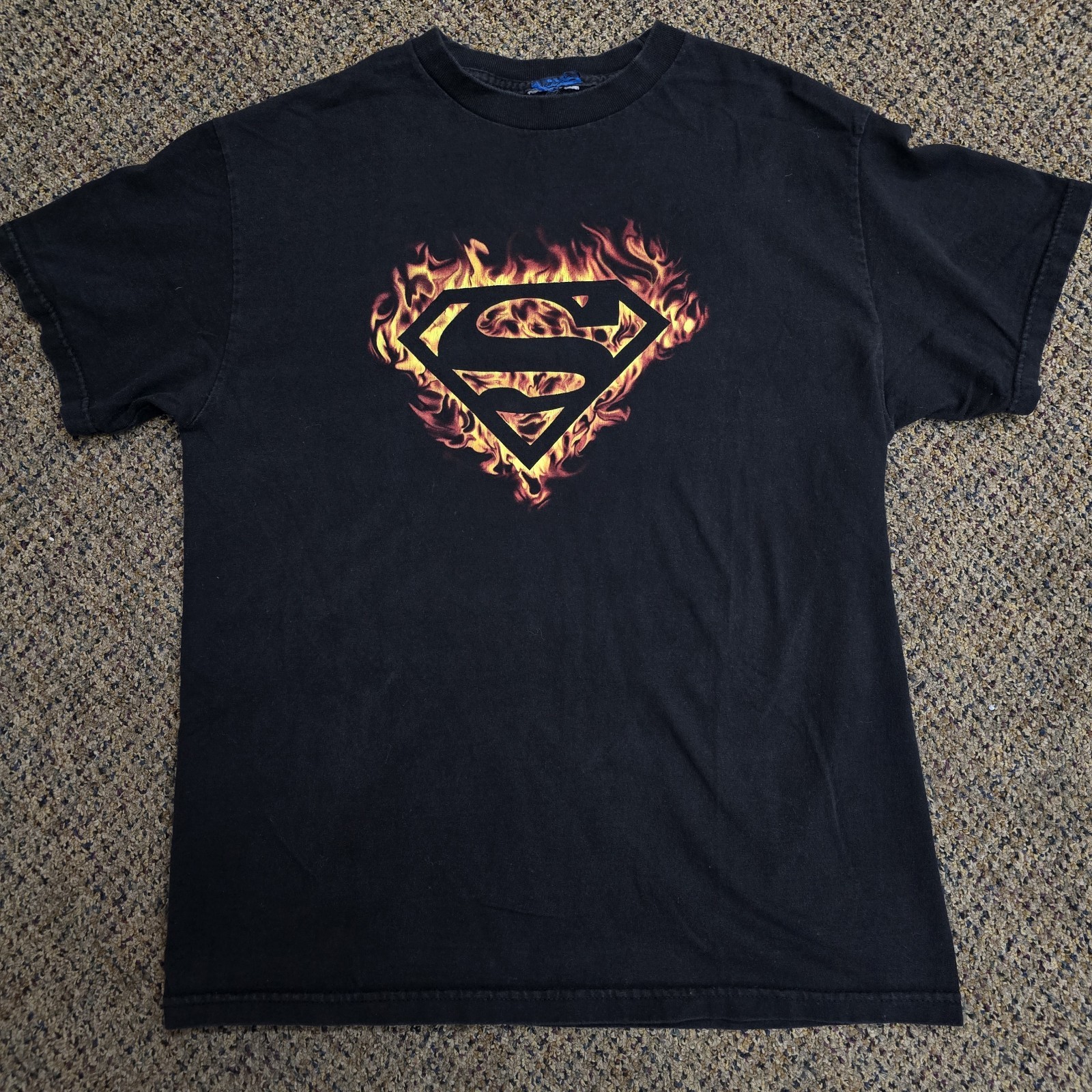 Vintage Y2k Superman Shirt Mens M Black Fire Flame Sh… - Gem