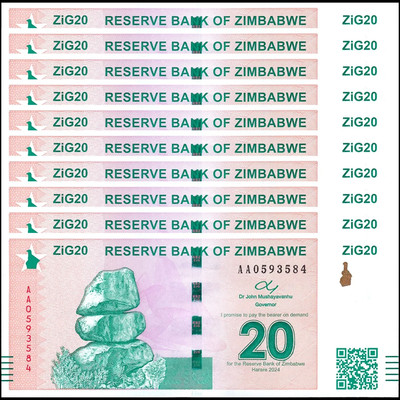 10 X Zimbabwe ZIG20 UNC W/ QR Code Issued 2024 $20 Zig Gold Backed ...