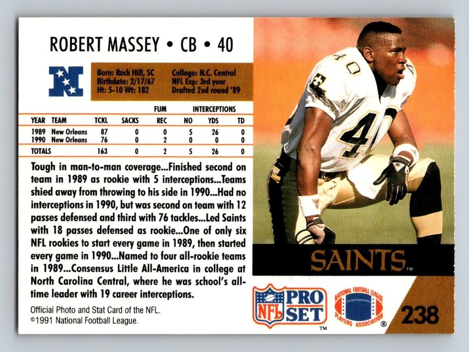 1991 Pro Set Robert Massey #238 New Orleans Saints | eBay