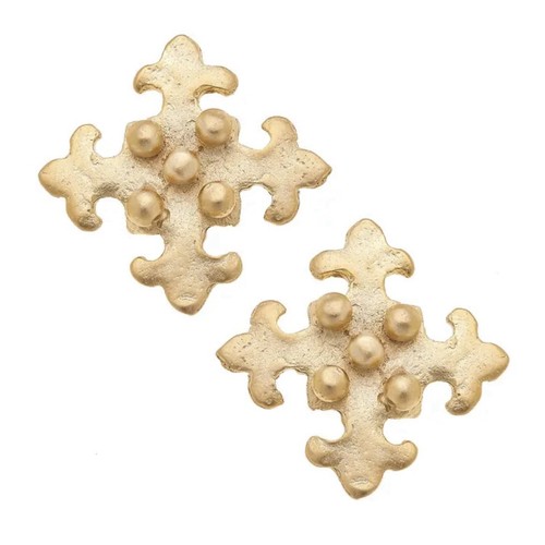 SUSAN SHAW Quad-Fleur-di-Lis Logo Cross Stud Earrings Signed Gold ...